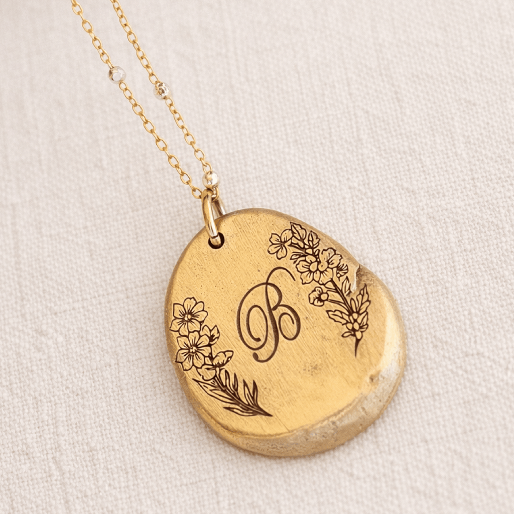 PMC Birth Flower Nugget Necklace | Script Initial Pendant